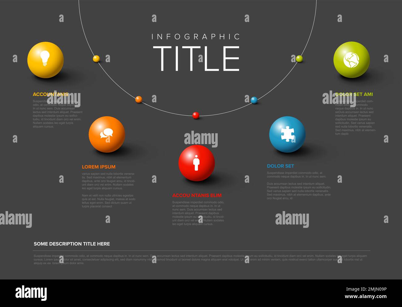 Vector multipurpose Infographic template with title and five sphere elements options around big ...