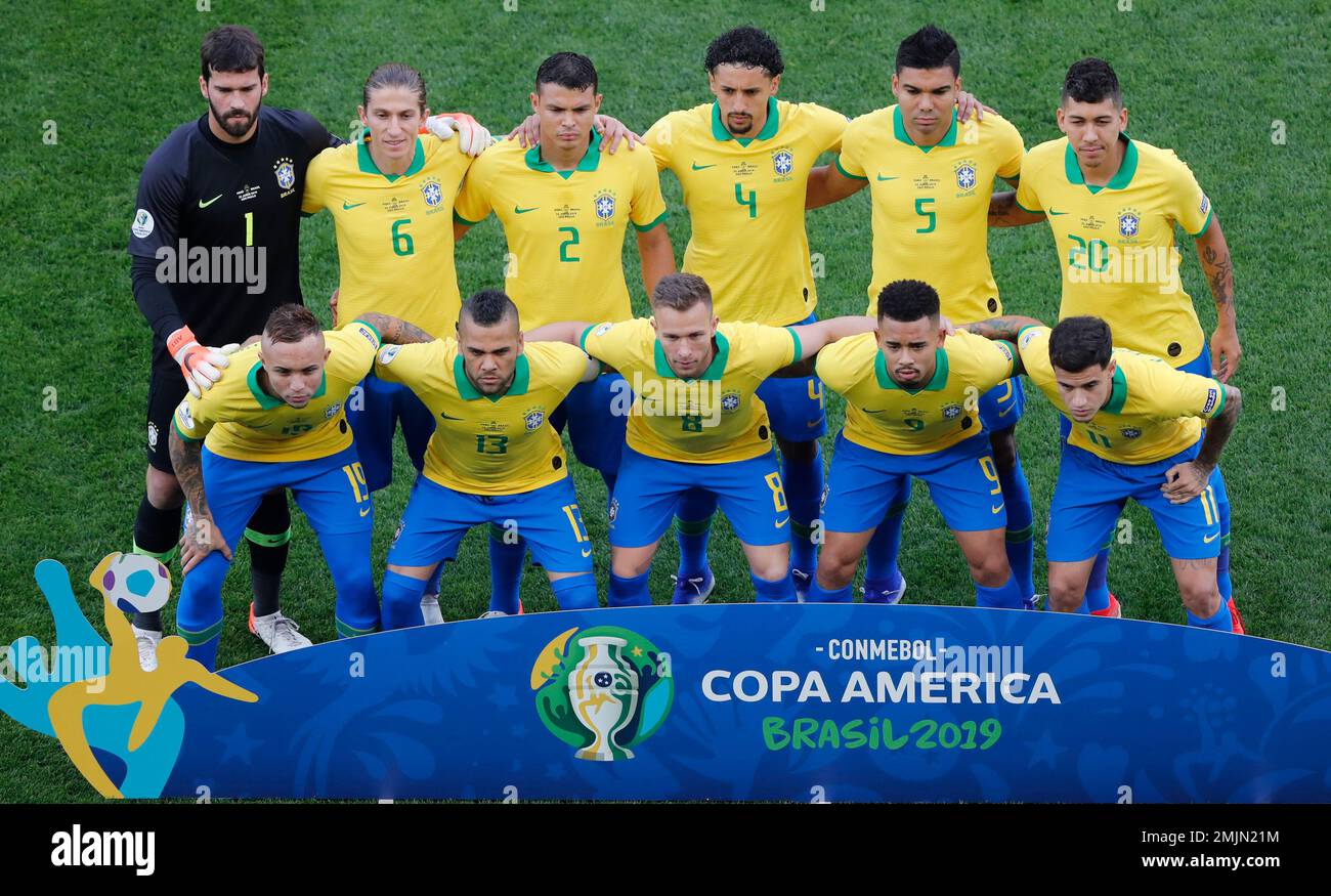 Brazil's starting players pose for a photo prior to a Copa America ...