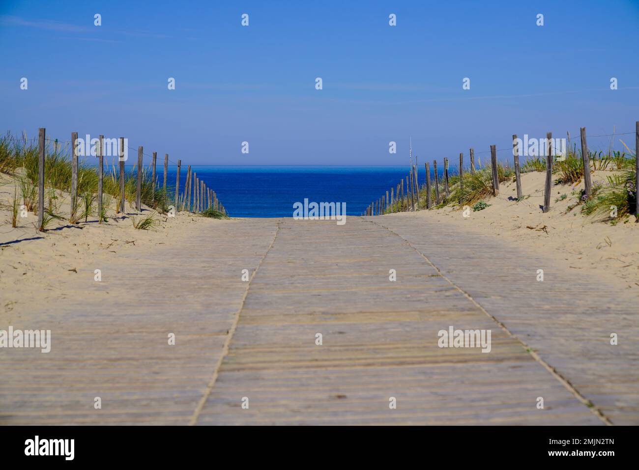 wooden path access in sand dune beach at le porge ocean beach in ...