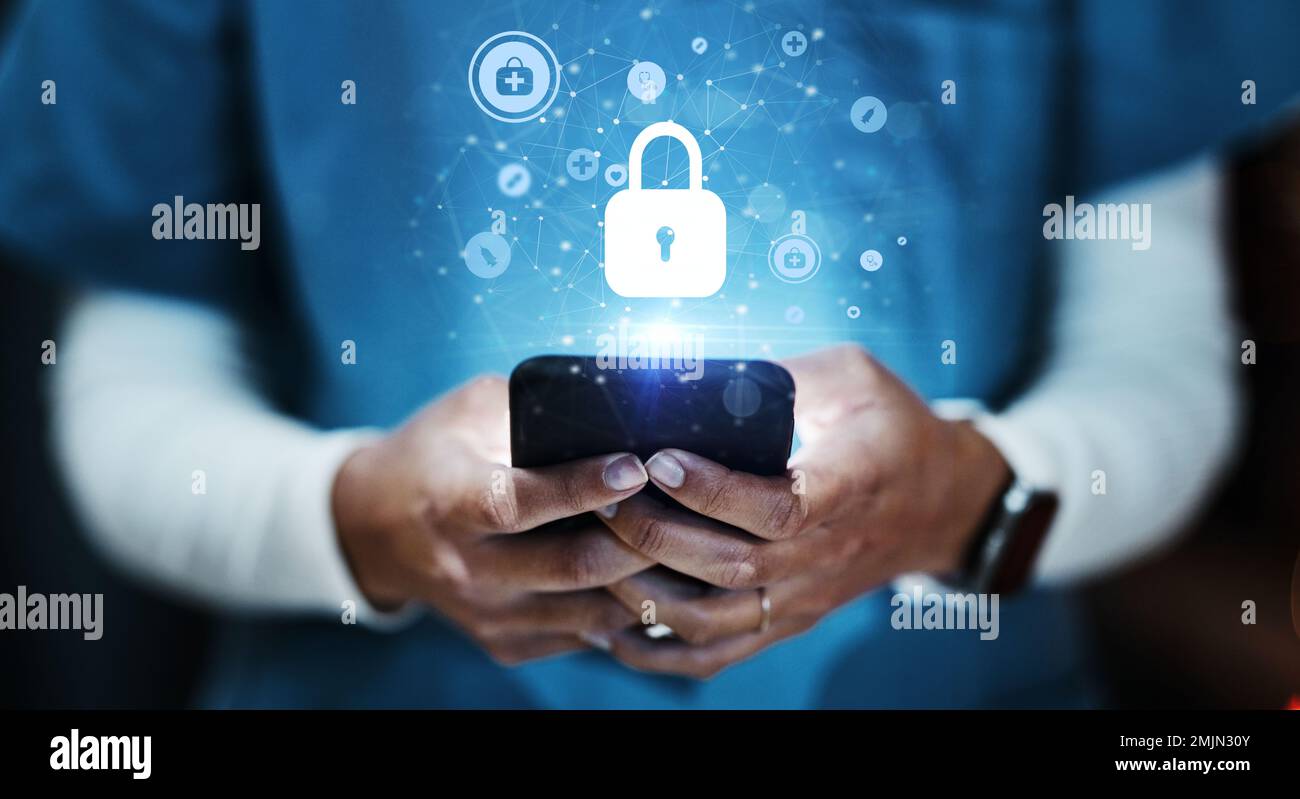 Nurse, hands or phone for medical cybersecurity lock, life insurance or ...