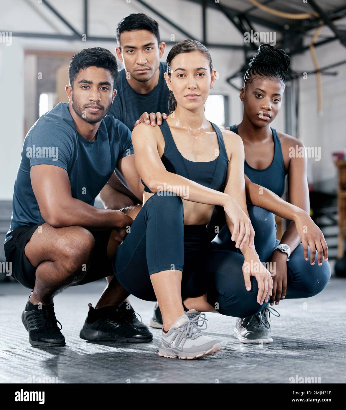 Fitness, diversity and portrait of people in gym for teamwork, support ...