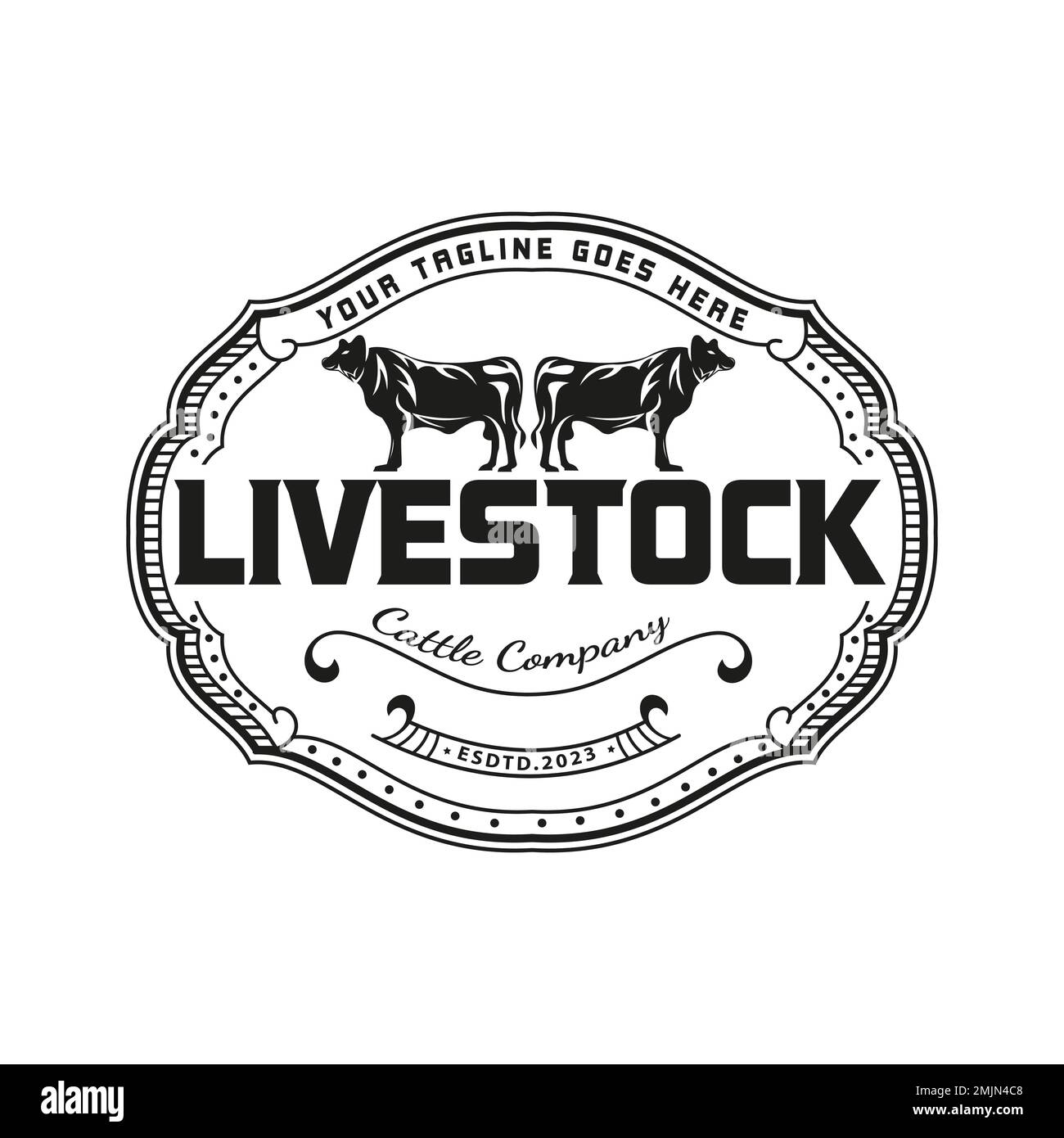 Retro Vintage illustration of Livestock Beef Emblem Cattle logo label, Typography vector design ...