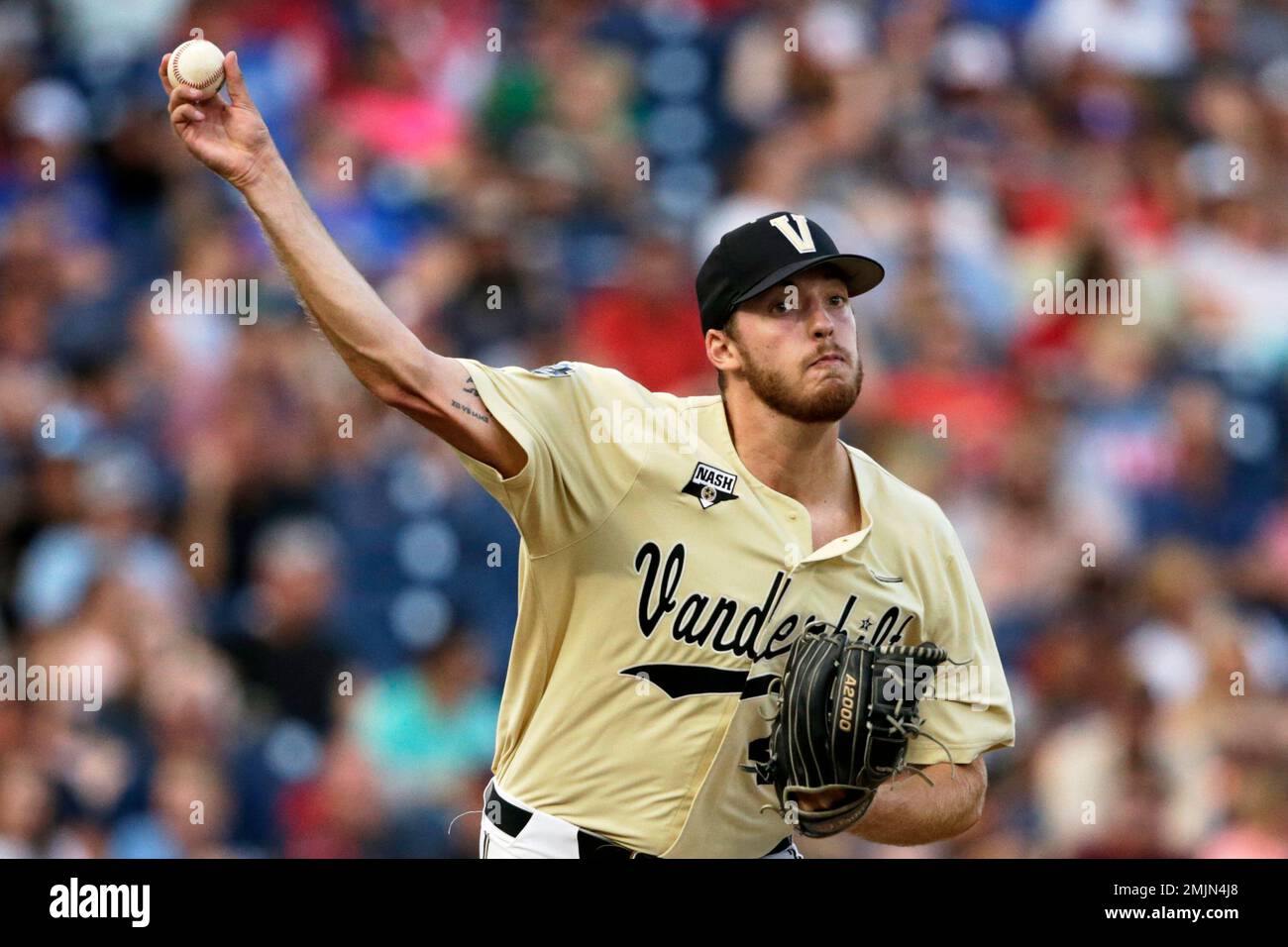 Vanderbilt starting pitcher Mason Hickman (44) throws to first base in ...