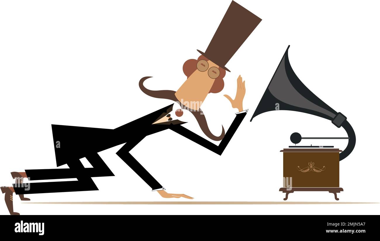 Man and retro record player. Funny mustache man in the top hat kneeling ...