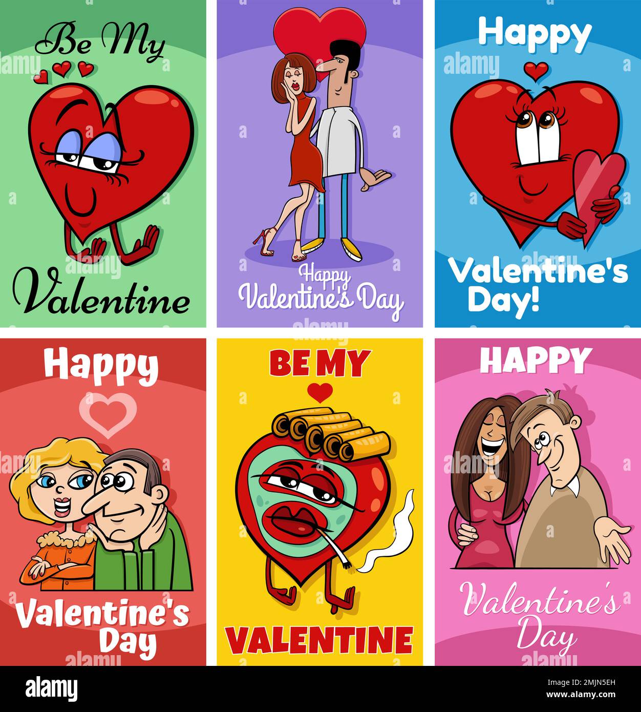 Cartoon illustration of Valentines Day greeting cards designs with ...