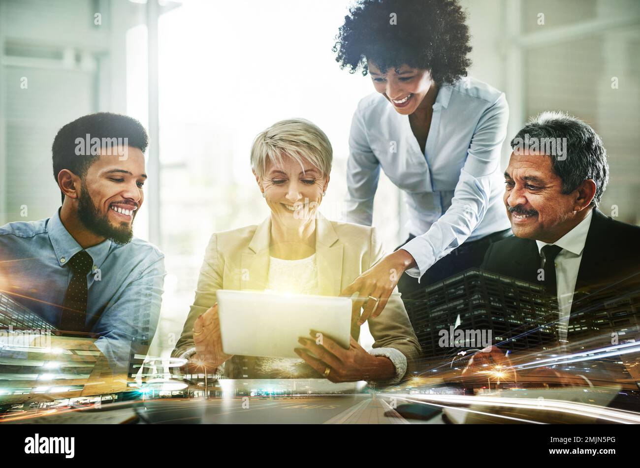 Teamwork, tablet and overlay of business people in office for research ...