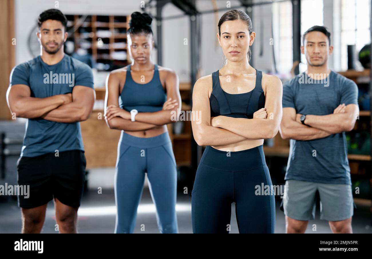Fitness, diversity and portrait of people in gym for teamwork, support ...
