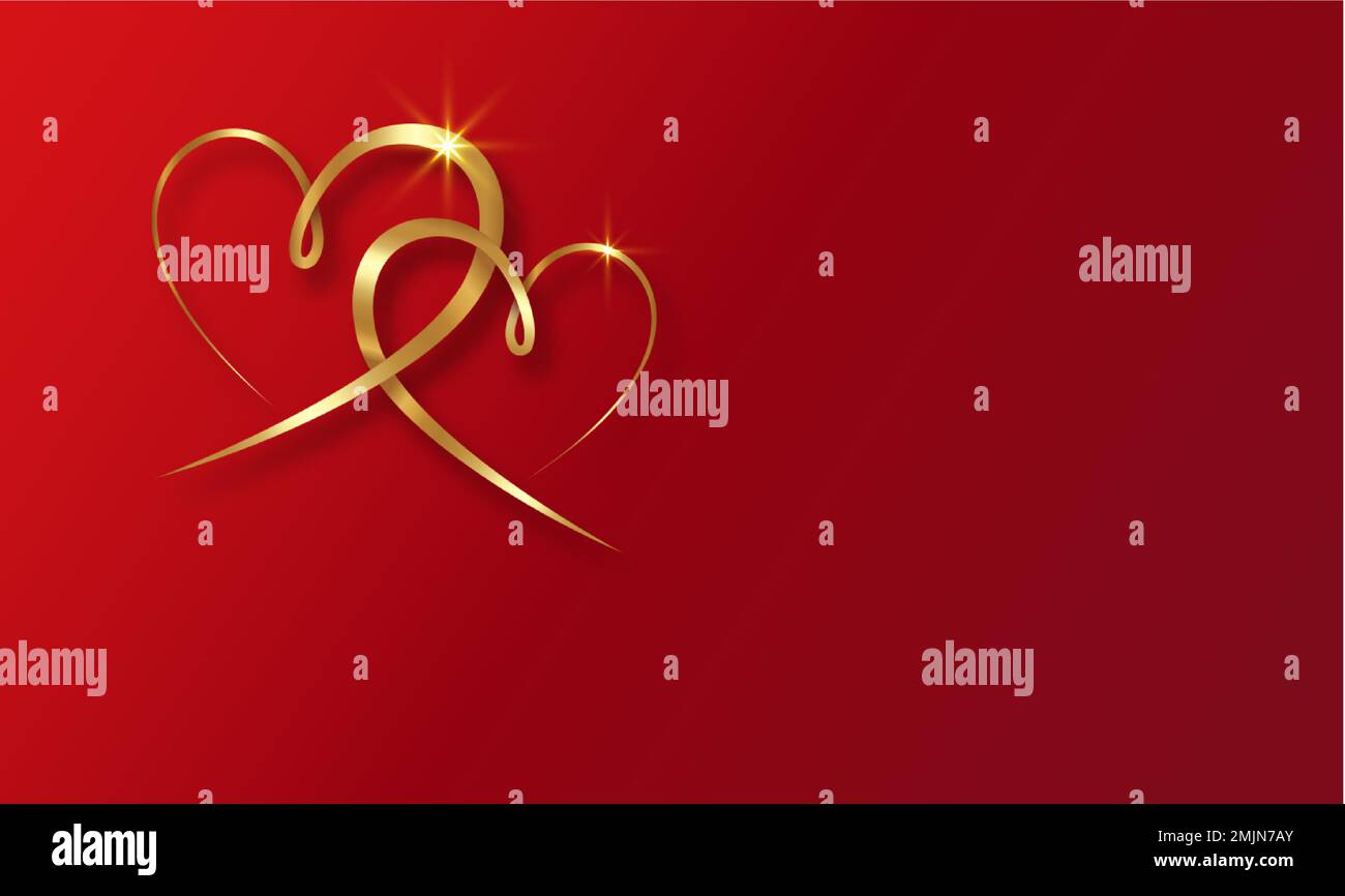 Marriage rings. Two golden interlocking hearts isolate on red background. Happy valentine's day ...