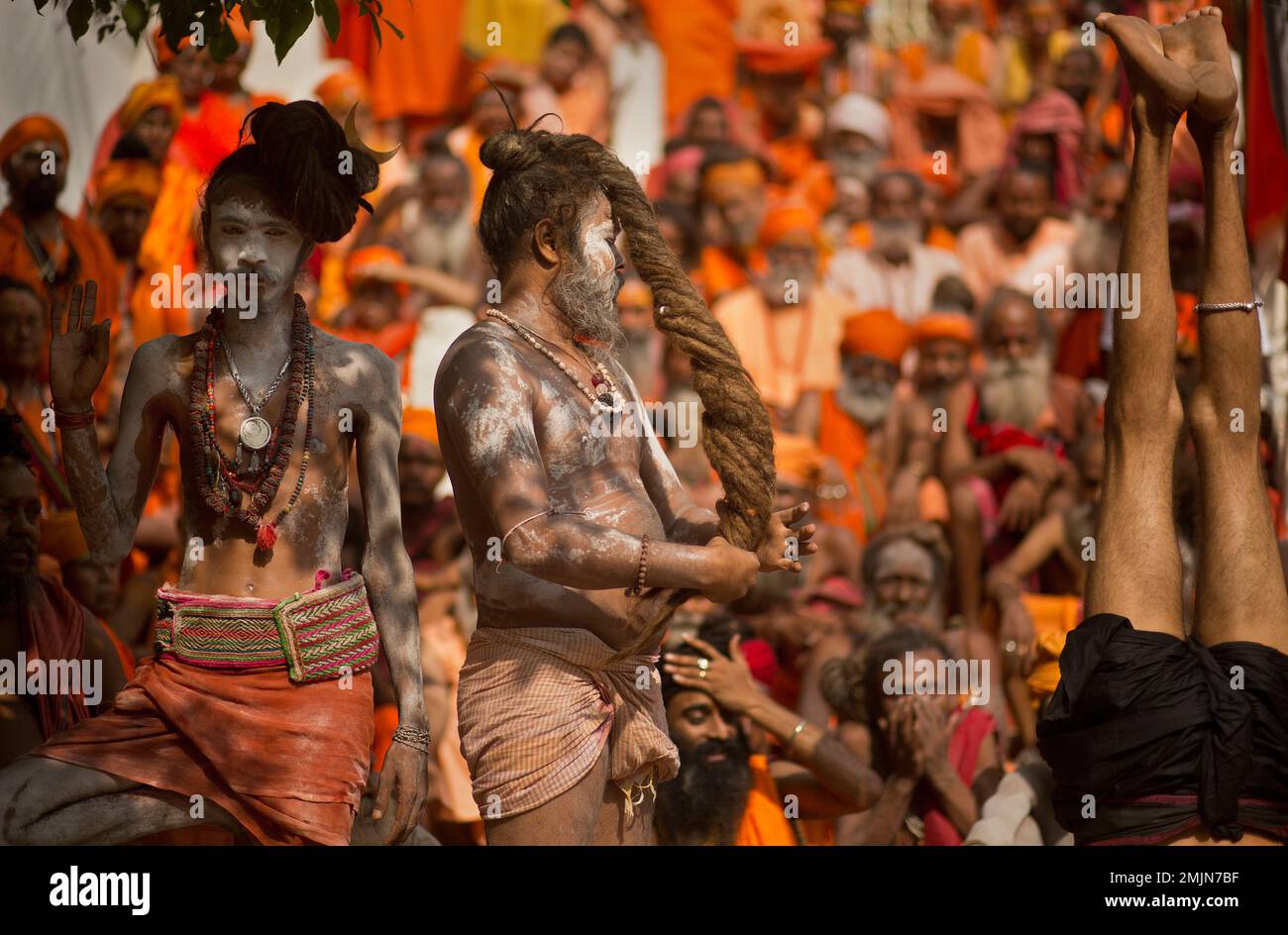 An Indian Sadhu, or Hindu holy man, arranges his hair as he performs ...