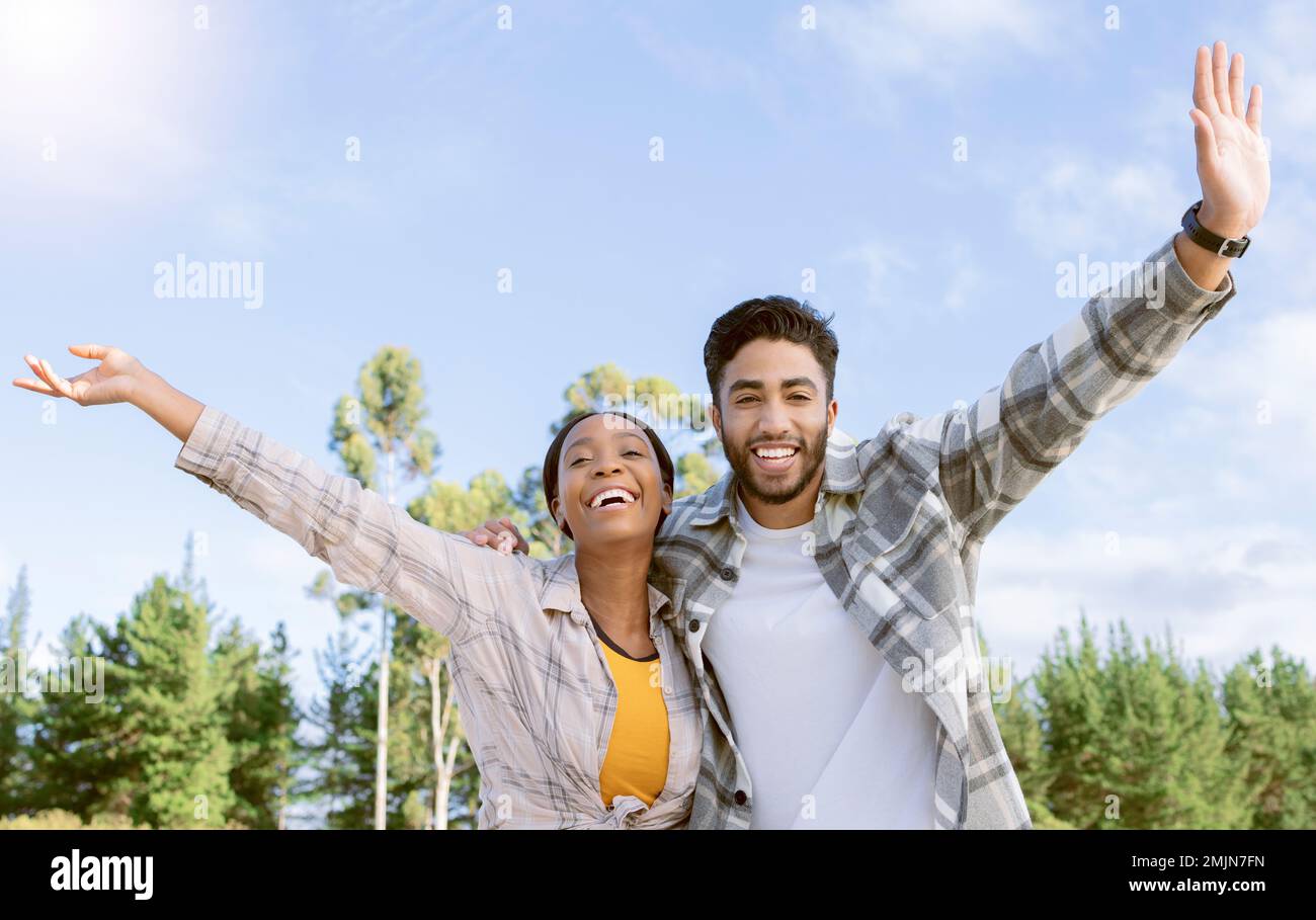 Portrait, couple of friends and freedom of hiking in nature, forest and ...