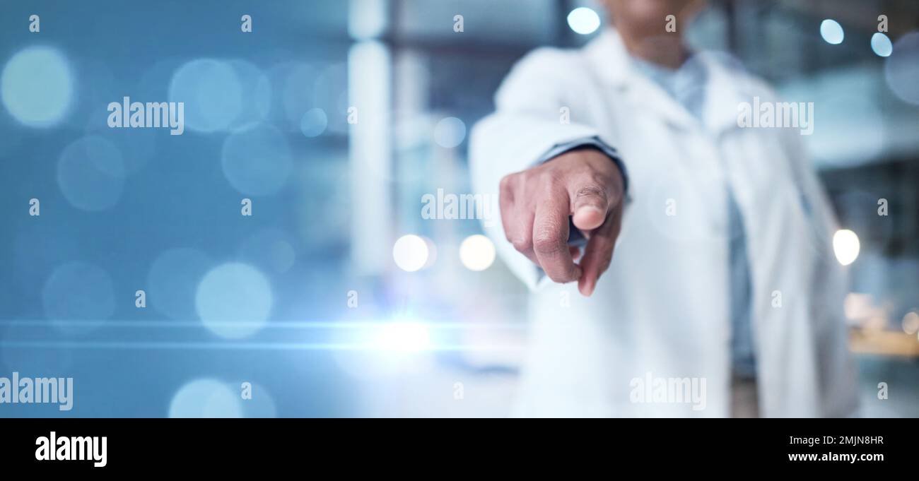 Doctor, finger or touch on interactive copy space, mockup or bokeh mock up in database design ...