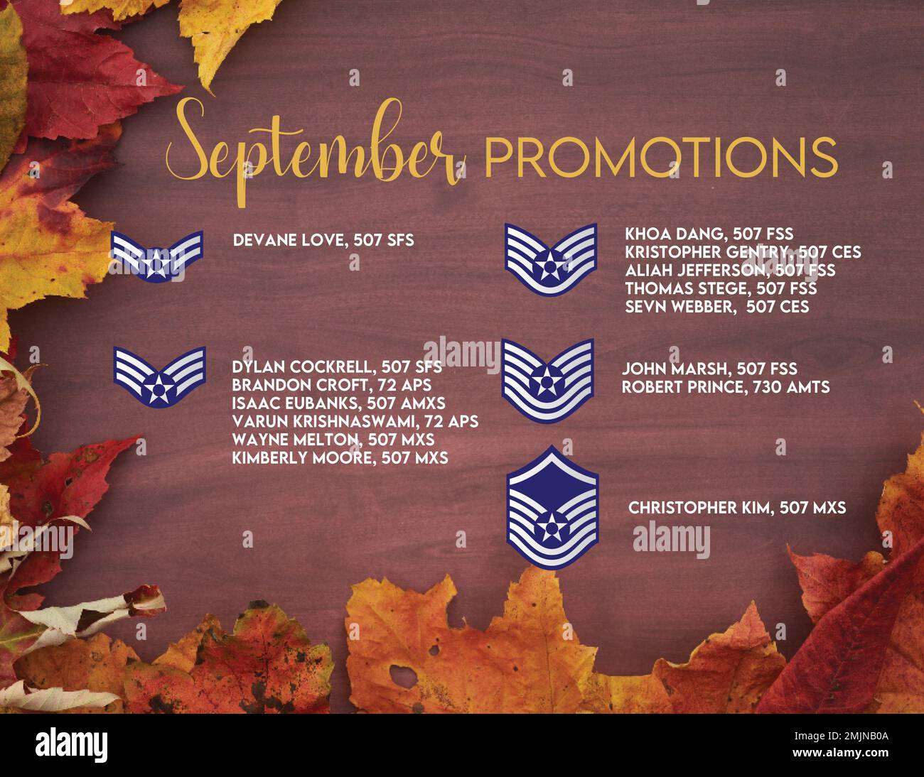 Promotions from the 507th Air Refueling Wing enlisted ranks Aug. 31, 2022, at Tinker Air Force ...