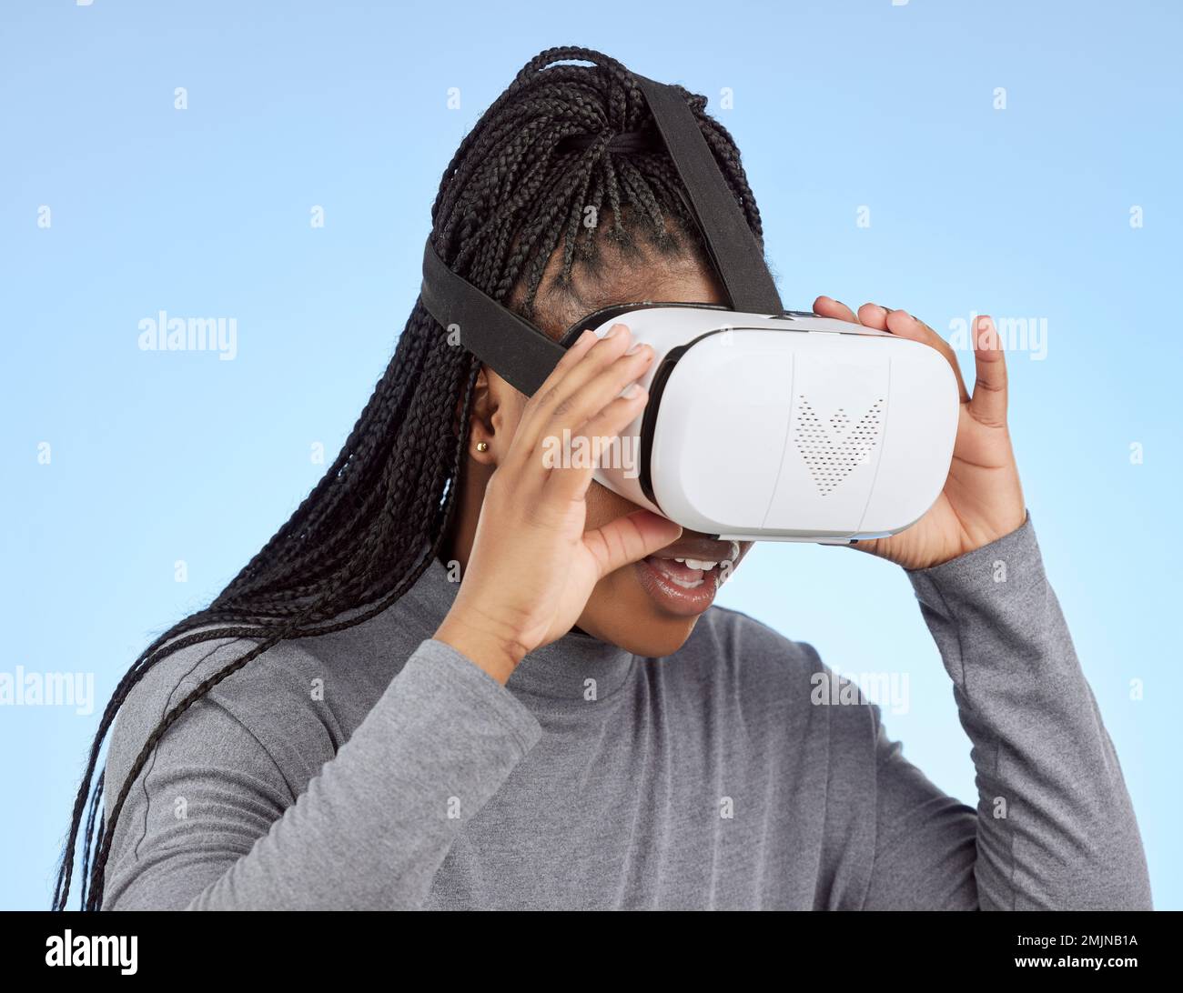 Vr, gaming and digital with black woman and metaverse for future, cyber ...