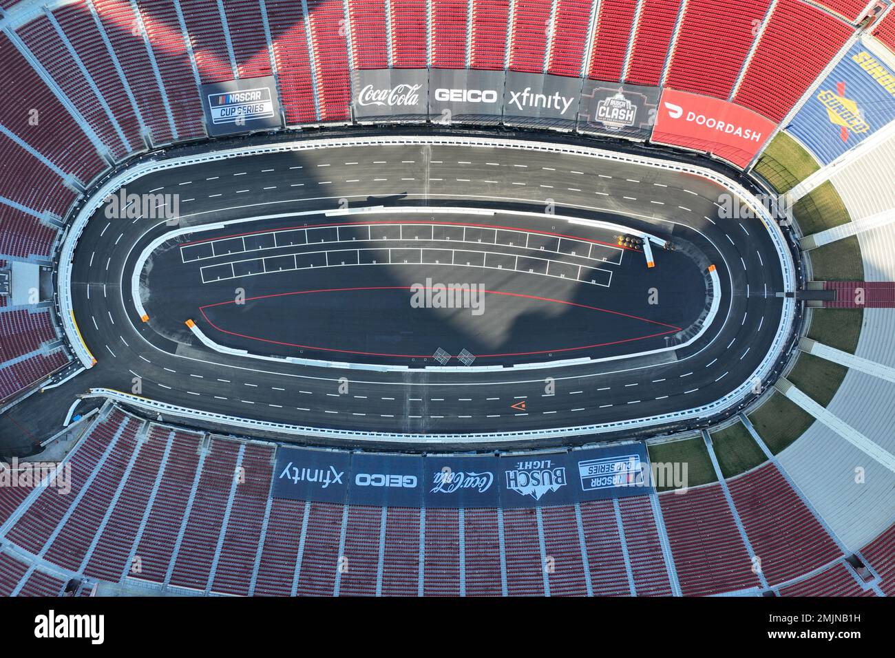 A general overall aerial view of the temporary asphalt racetrack at the Los Angeles Memorial ...