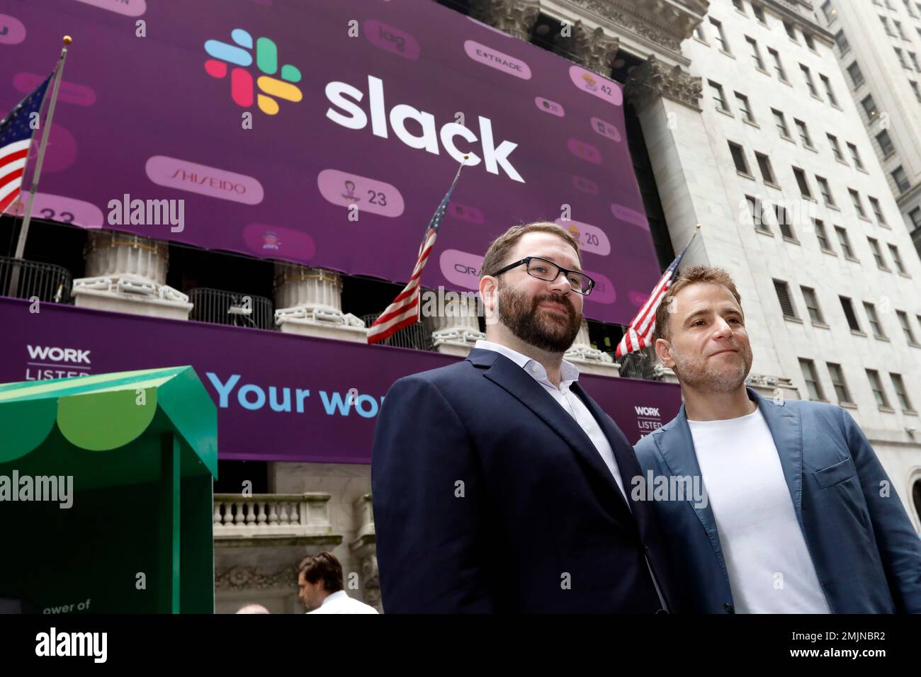 Slack co-founders Cal Henderson, left, and Stewart Butterfield pose for ...