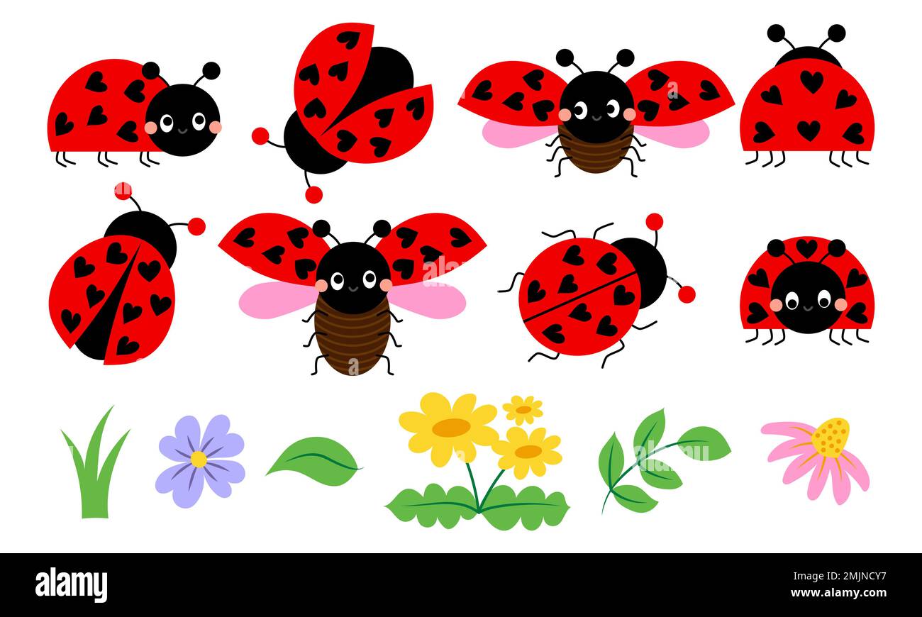 Cute cartoon ladybug collection with flowers and leaves, red beetle ...