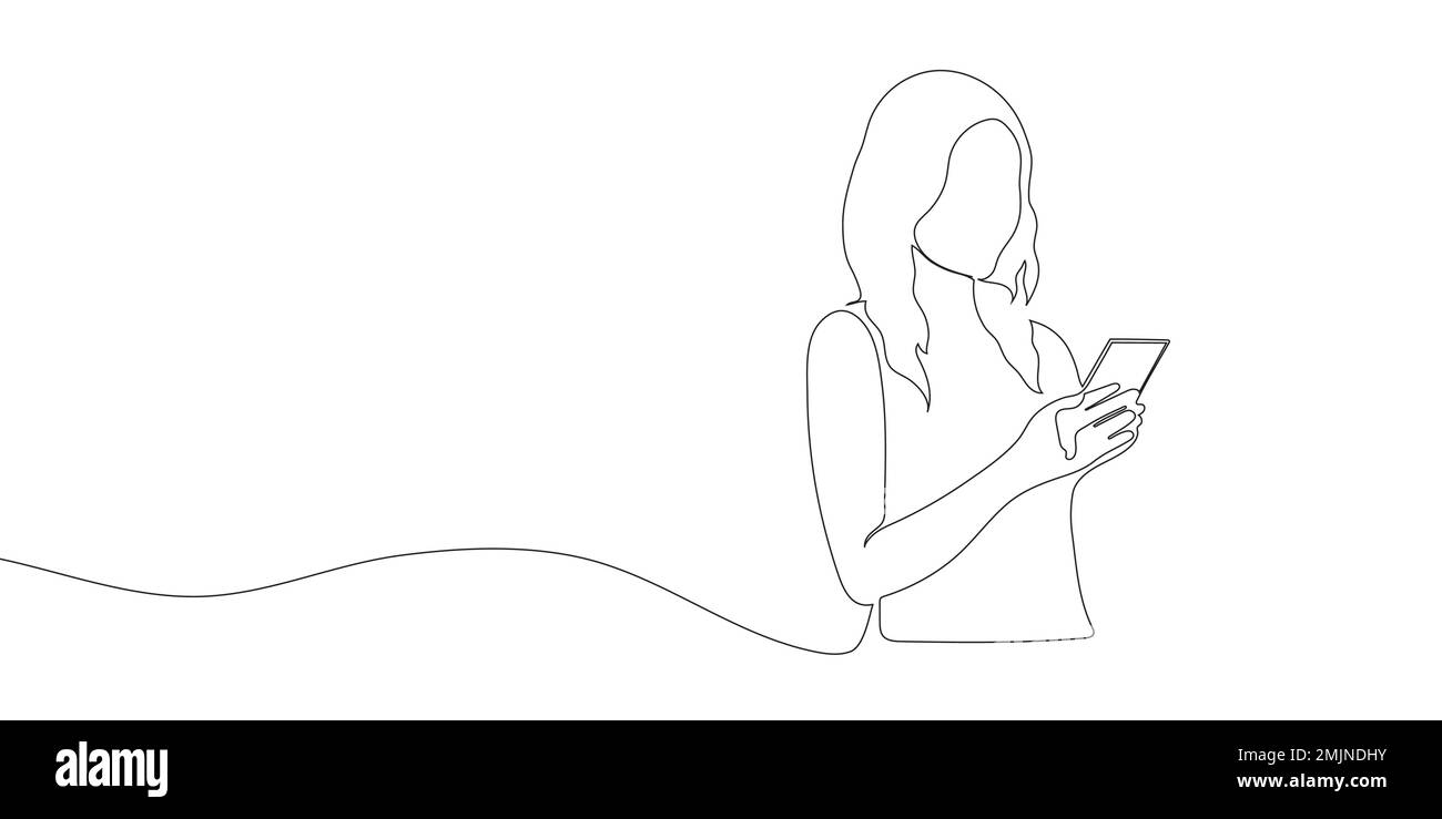 Continuous one line drawing young woman girl looking at smartphone ...