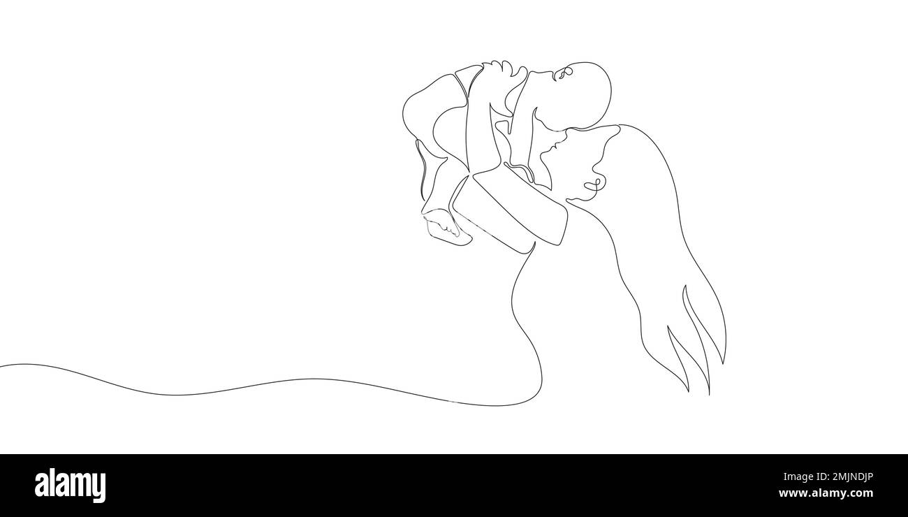 Mom and child continuously draw minimalism. Vector illustration Stock ...