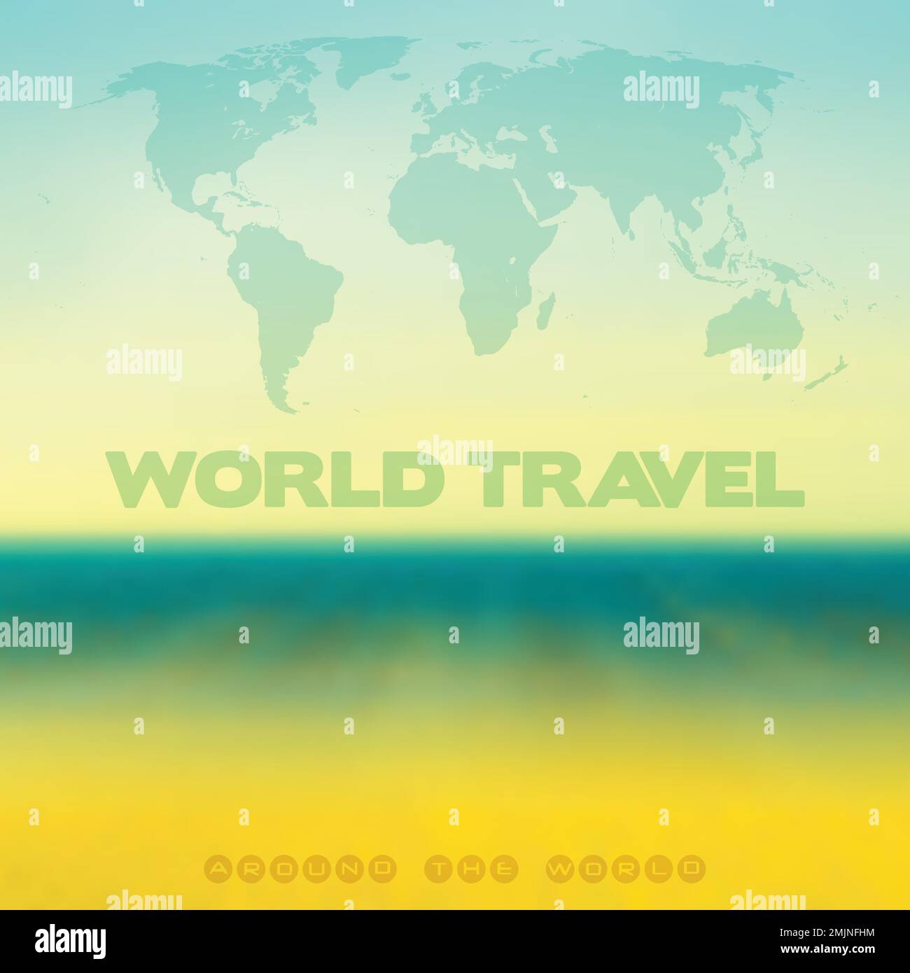Travel template. World map on blurred background with sky, sea and sand ...