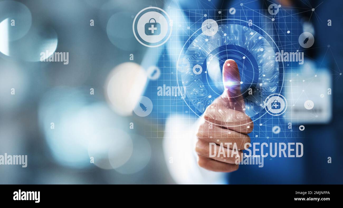 Doctor, thumb or fingerprint scan of dna, healthcare data or medical ...