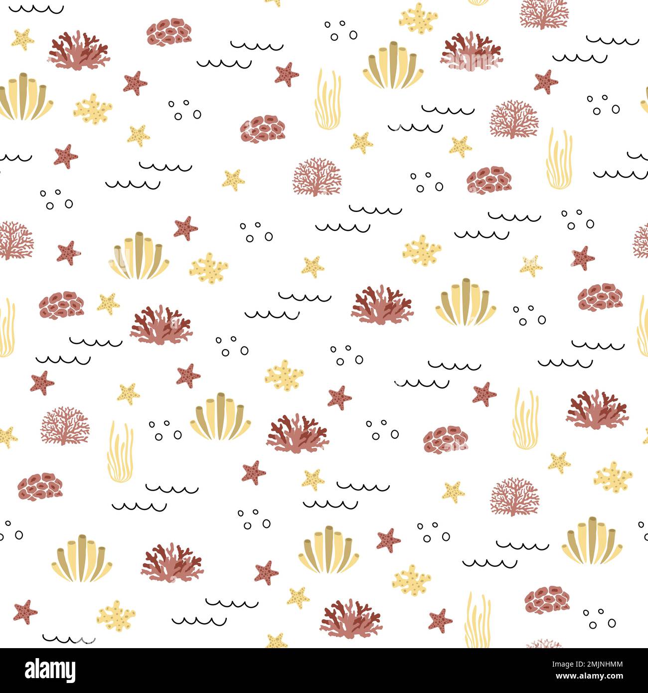 Vector seamless pattern with algae, corals.Underwater cartoon creatures.Marine background.Cute ...