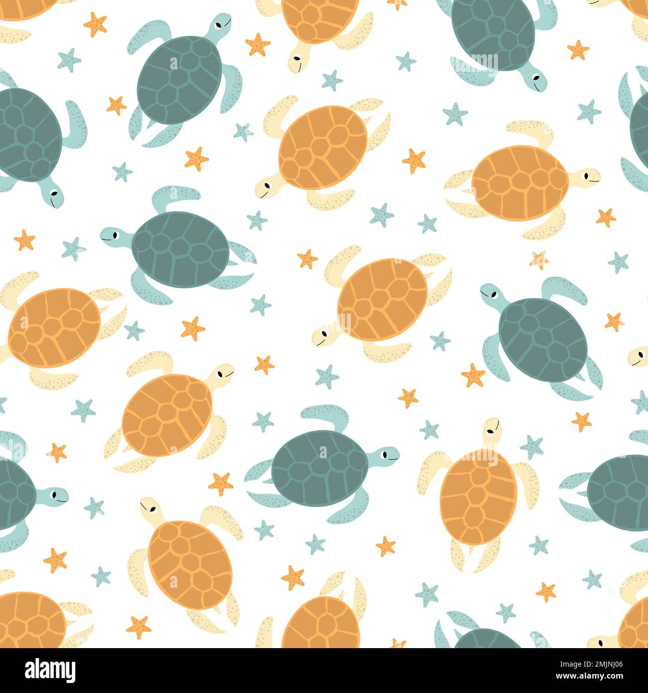 Vector seamless pattern with turtle.Underwater cartoon creatures.Marine ...