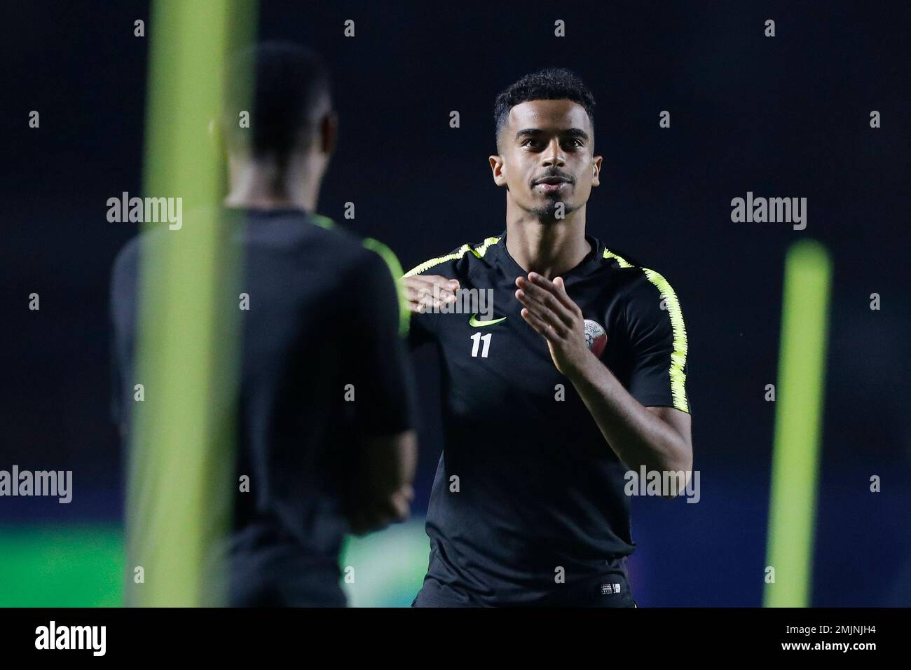 Qatar's Akram Afif attends his team's training session in Sao Paulo ...