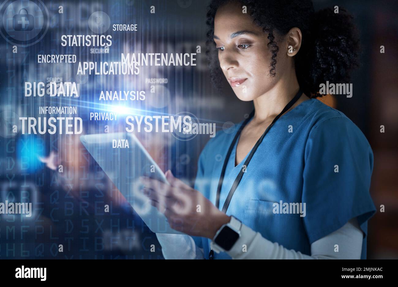 Nurse, digital or tablet in medical cybersecurity, life insurance or ...