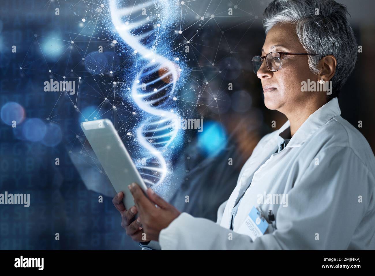 Doctor, tablet or dna hologram in analysis, innovation or genetic ideas ...