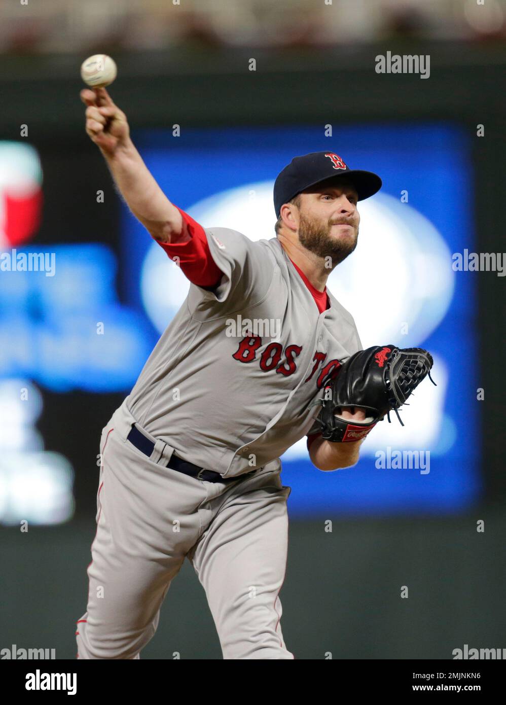 Boston Red Sox pitcher Ryan Brasier throws to Minnesota Twins in the ...