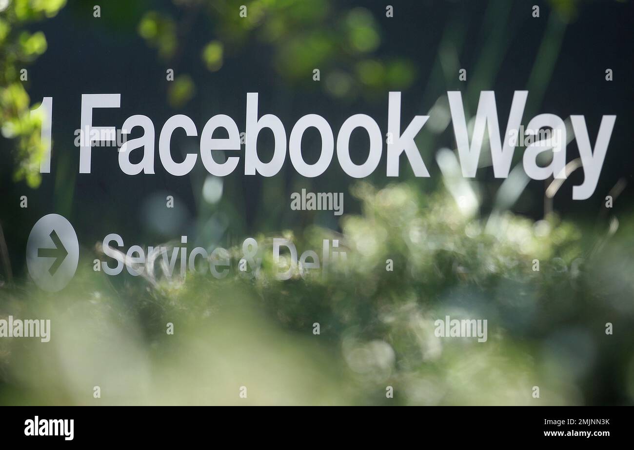 FILE - In this April 25, 2019, file photo an address sign for Facebook ...