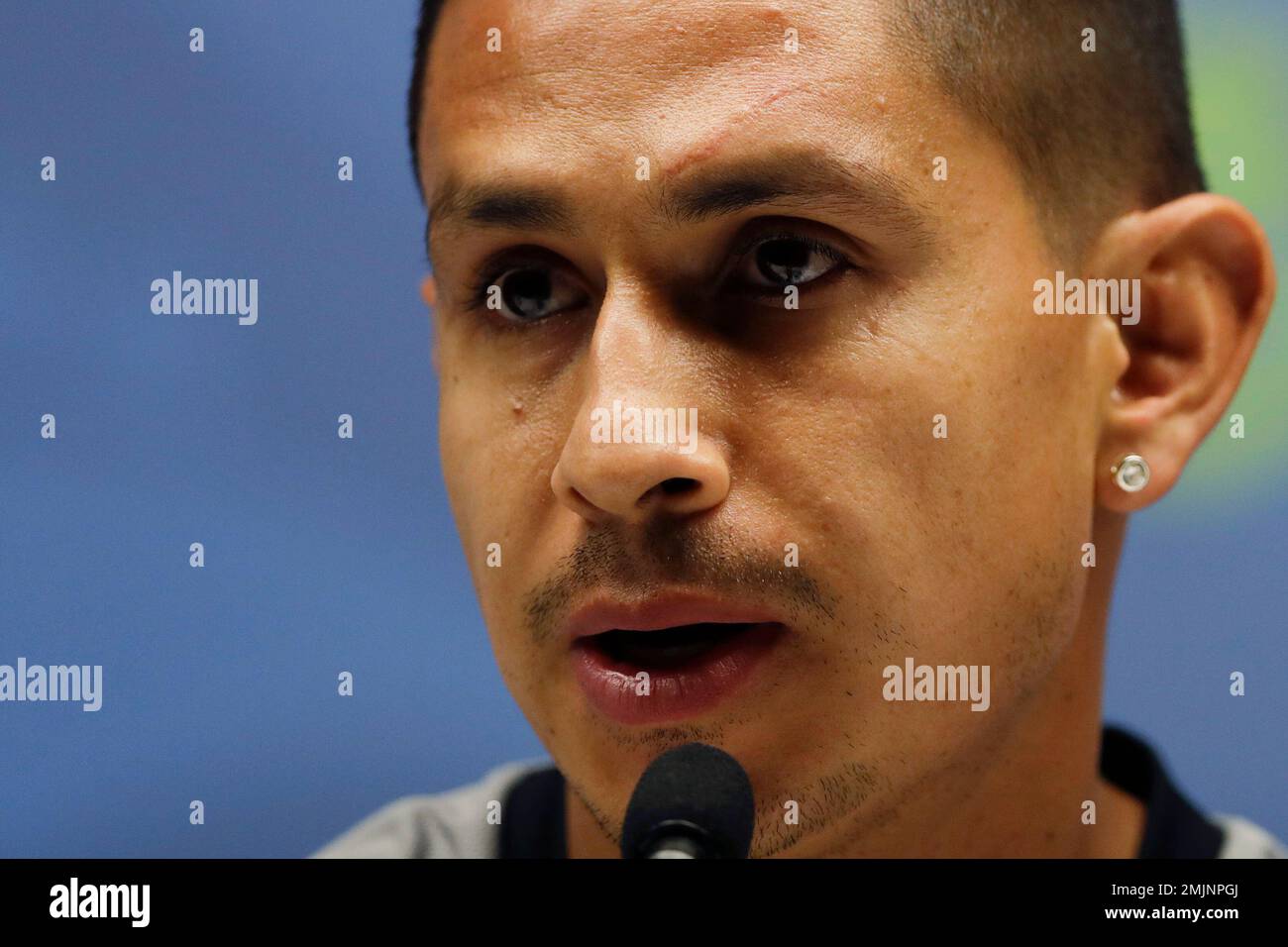Bolivia's Marvin Bejarano speaks during a press conference at Maracana ...