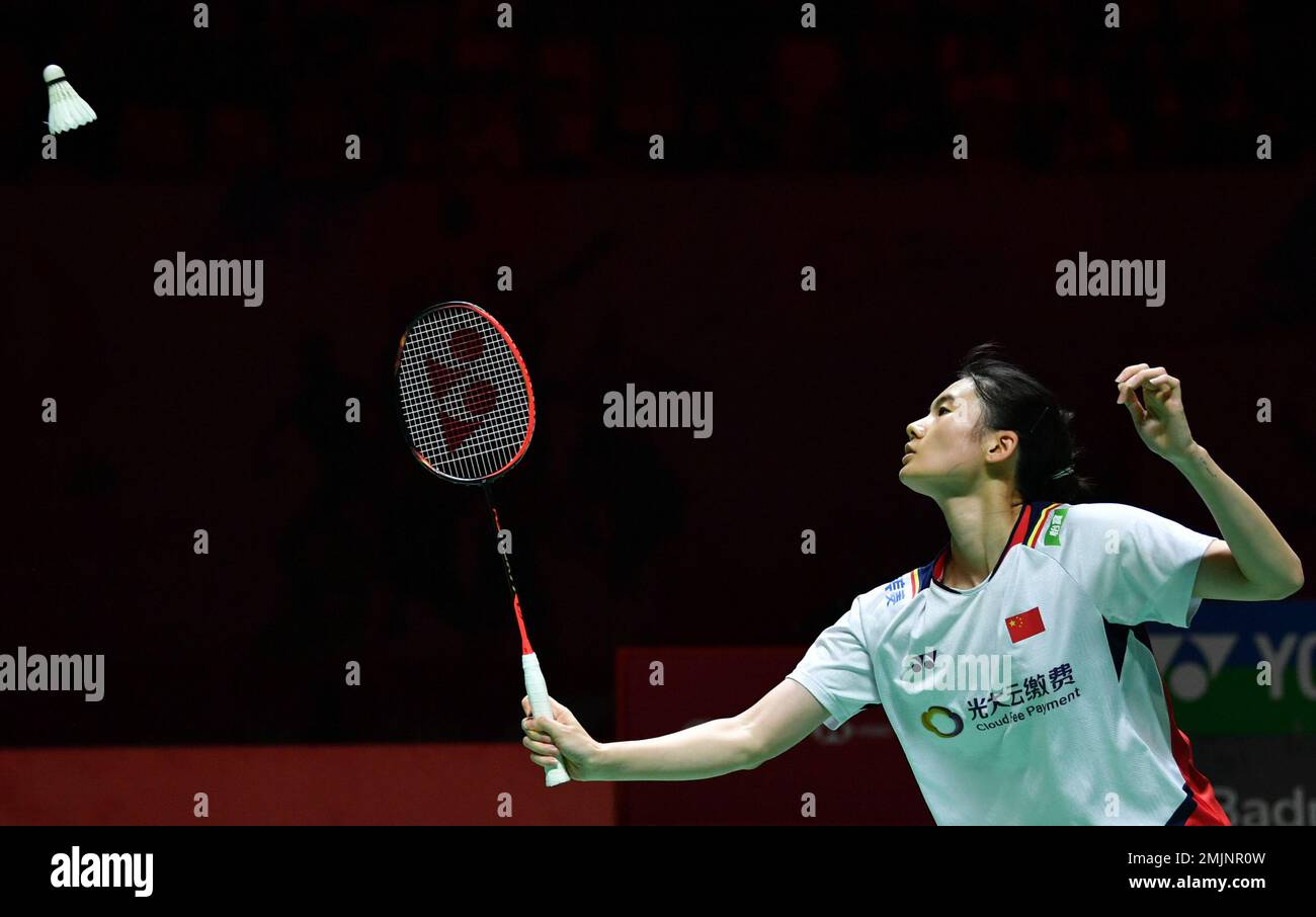 Jakarta, Indonesia. 28th Jan, 2023. Han Yue of China hits a return ...