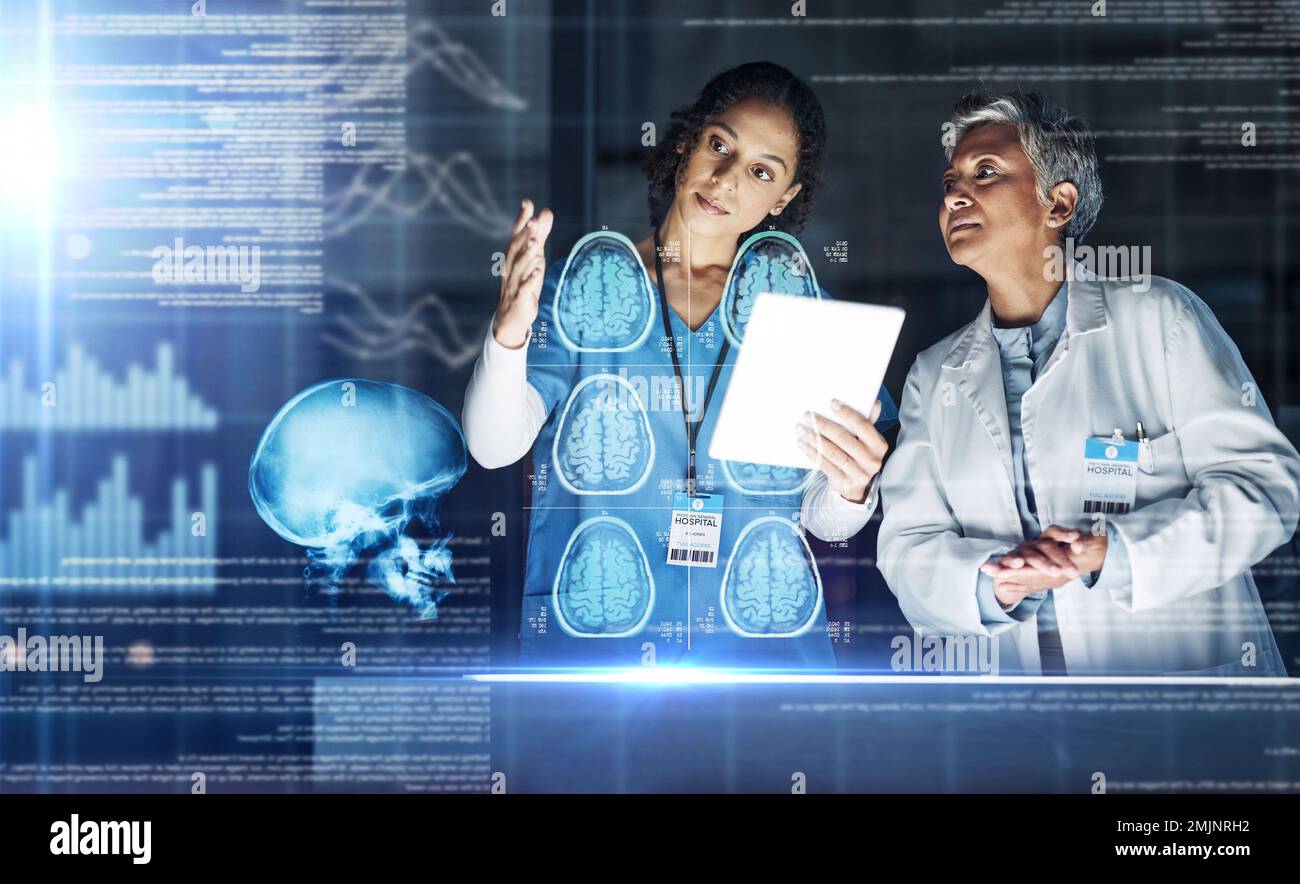Doctors, tablet and futuristic brain in head mri, cancer xray or mental ...