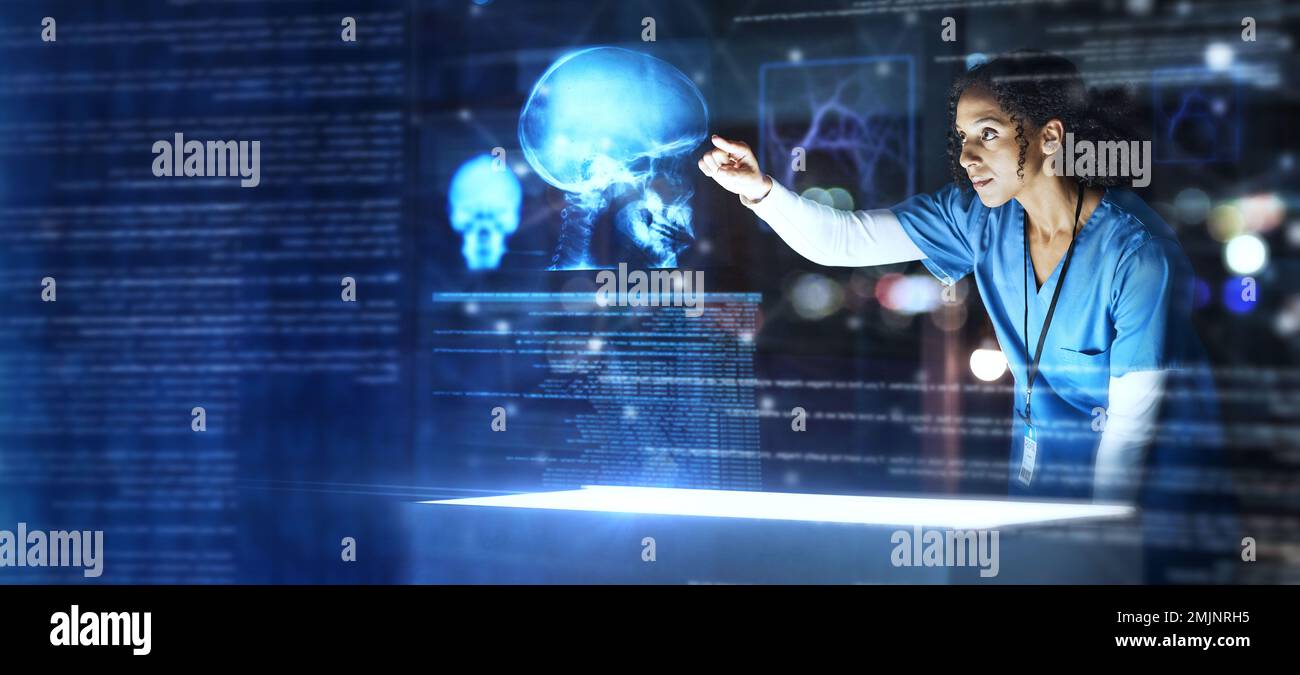 Doctor, healthcare or futuristic skull scan in brain cancer, injury or ...