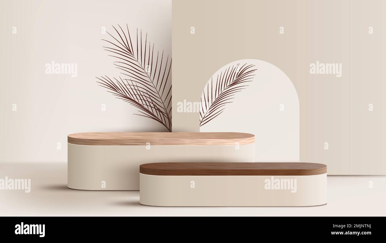 3D realistic wooden podium platform stand decoration with brown palm ...