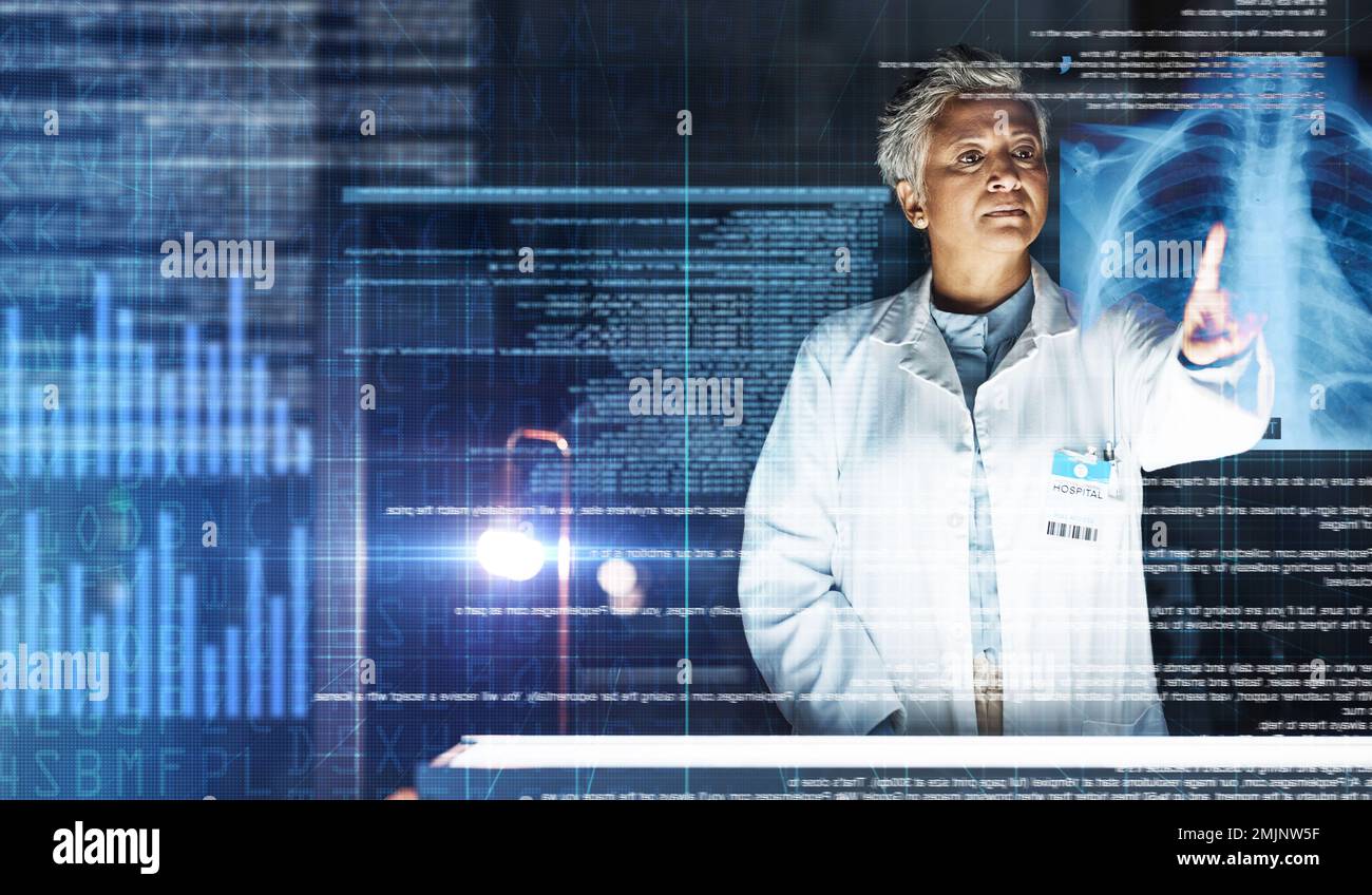 Doctor, hospital or healthcare with xray hologram in tuberculosis virus ...