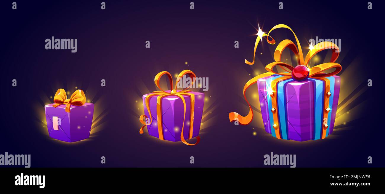 Game ui icons of gift boxes. Present packages, purple wrap with gold ...