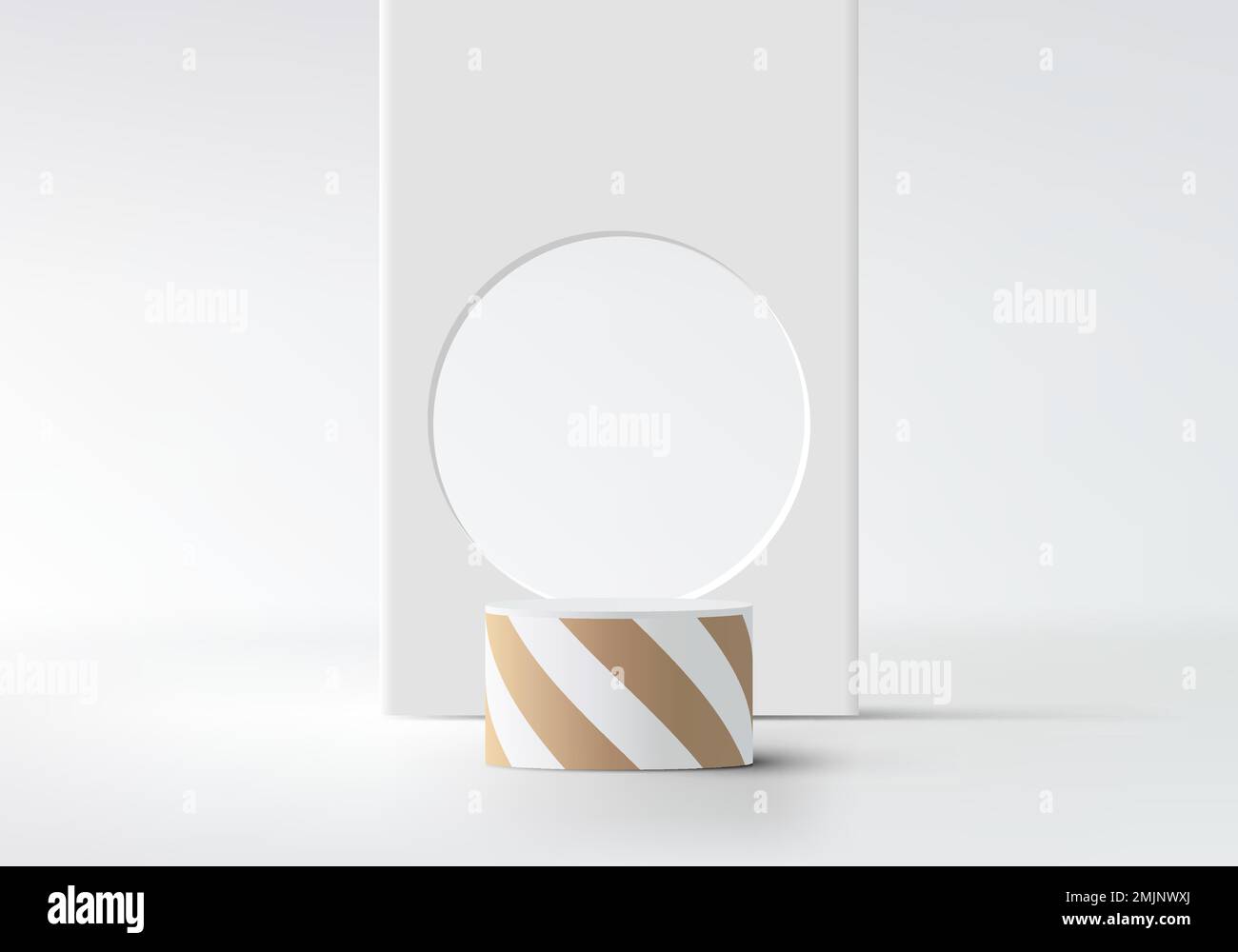 3D realistic luxury white podium cylinder platform stand with golden ...
