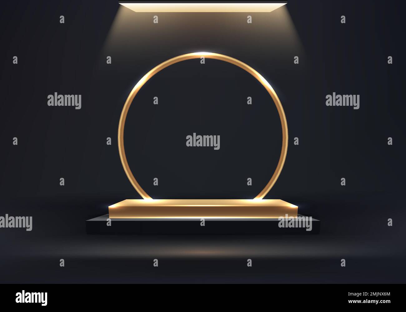 3D realistic luxury style empty black and golden podium pedestal box ...