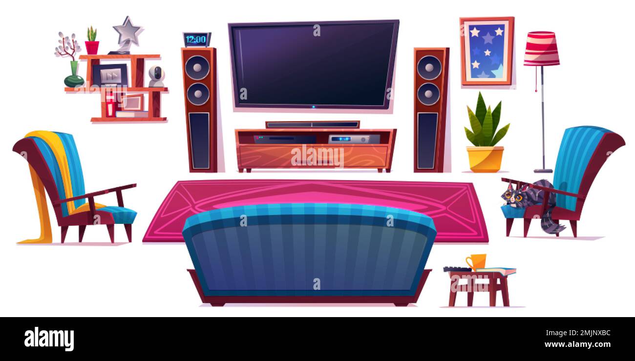 Living room furniture set isolated on white background. Vector cartoon ...