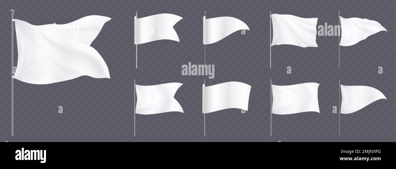 White flags and pennants on poles mockup. Blank fabric banners triangle, rectangle and corner ...