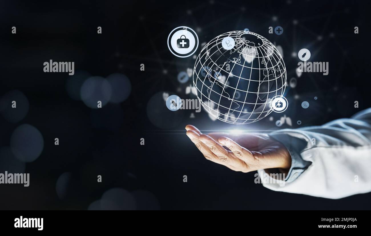 Doctor, hand or 3d globe in healthcare networking, digital help or life ...