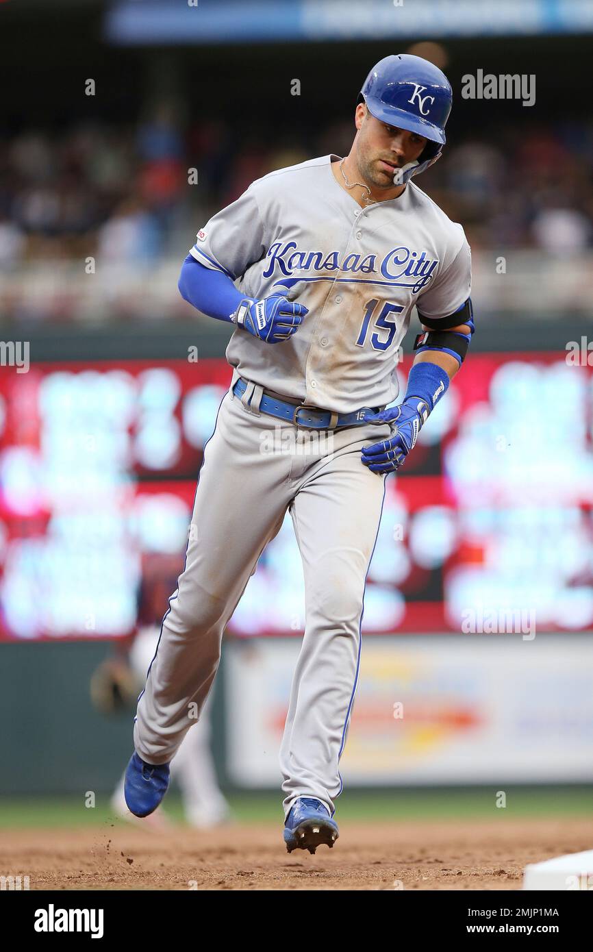 Kansas City Royals' Whit Merrifield runs to third base after hitting a ...