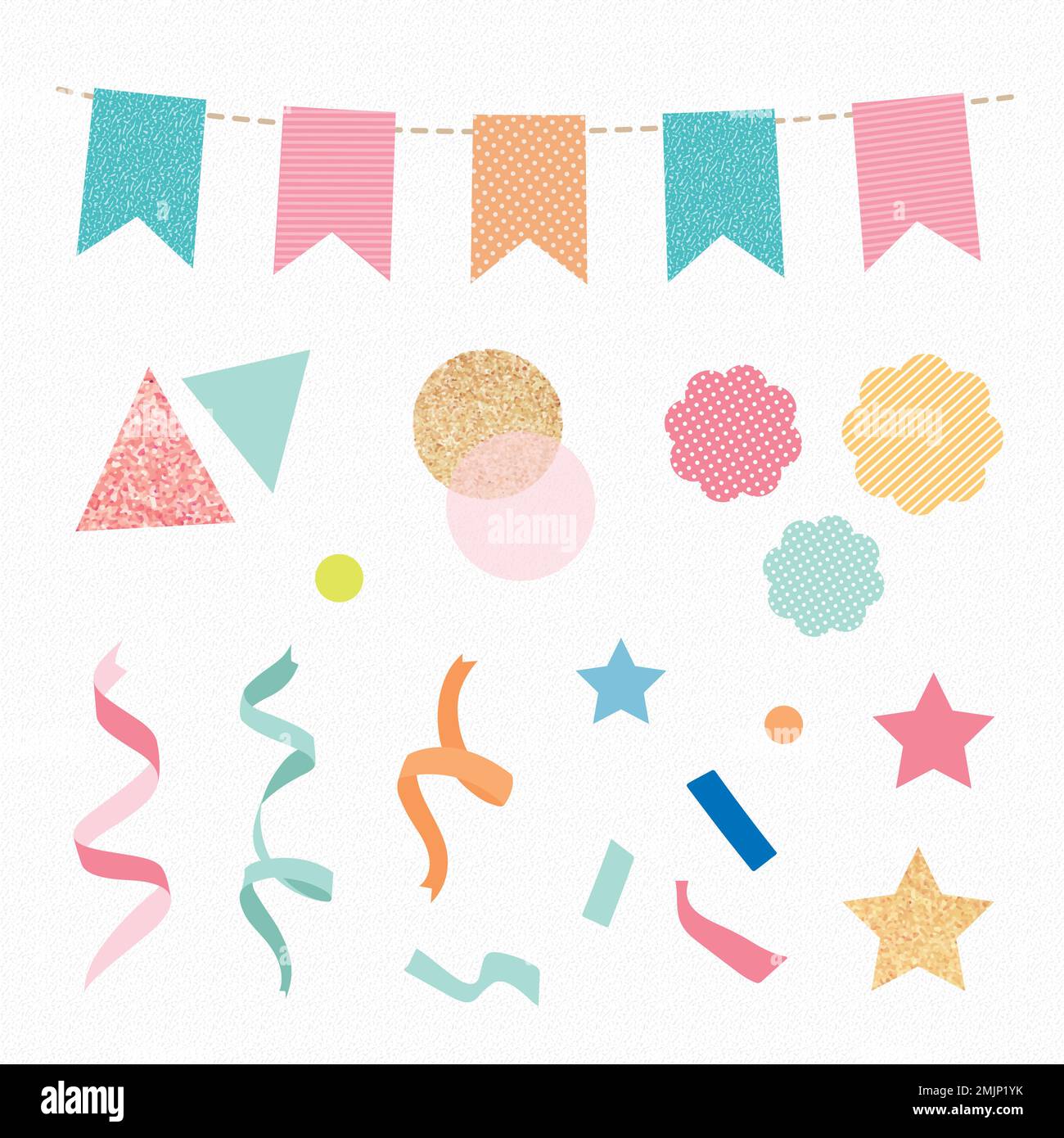 Birthday celebration sticker, colorful glitter confetti and ribbons ...