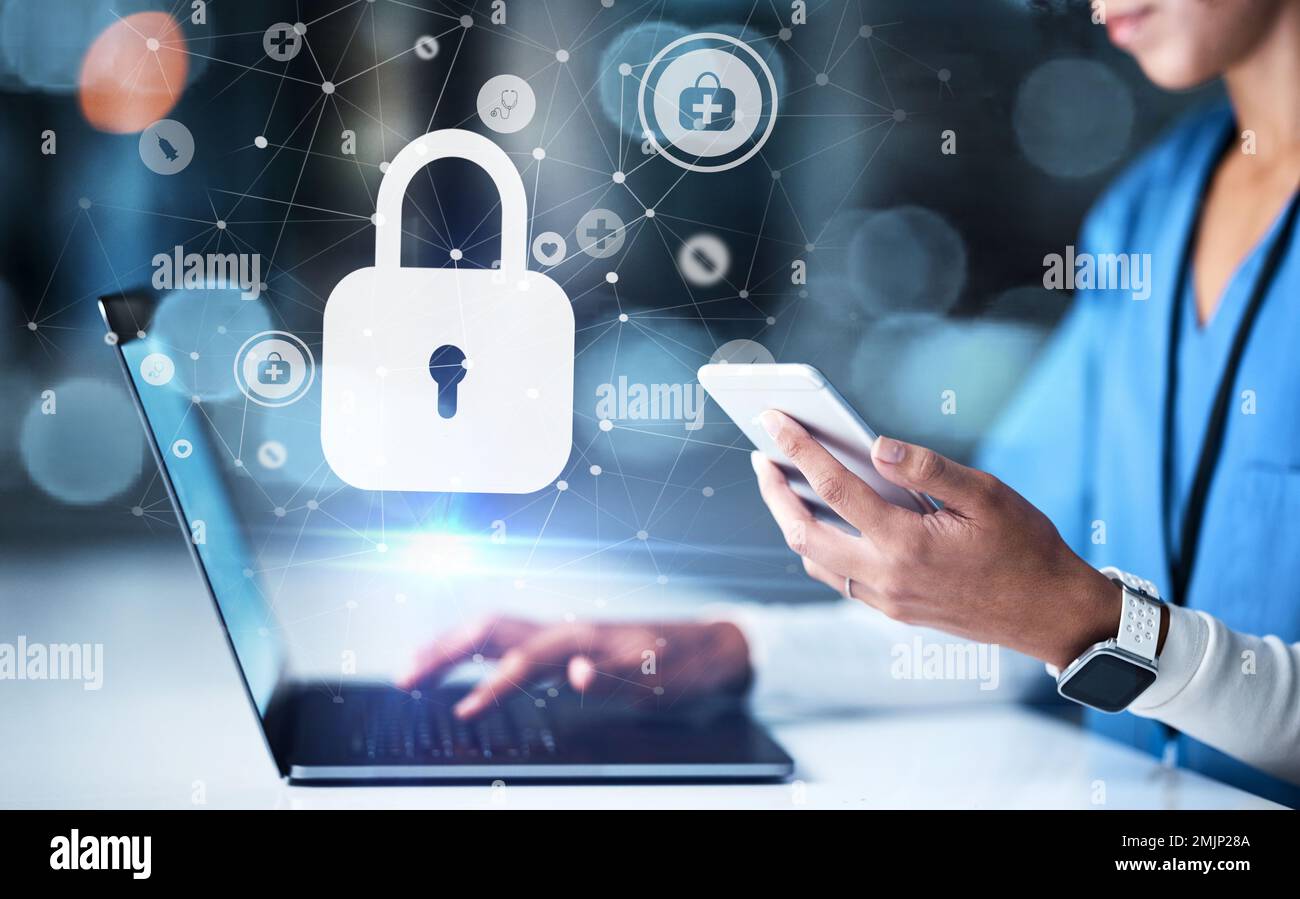 Nurse, hands or technology on medical cybersecurity lock, life ...