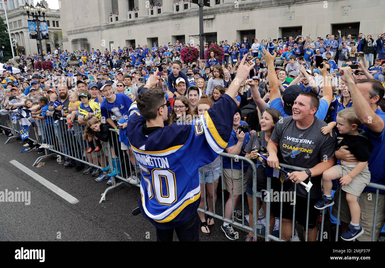 St. Louis Blues goaltender Jordan Binnington greets fans during the ...