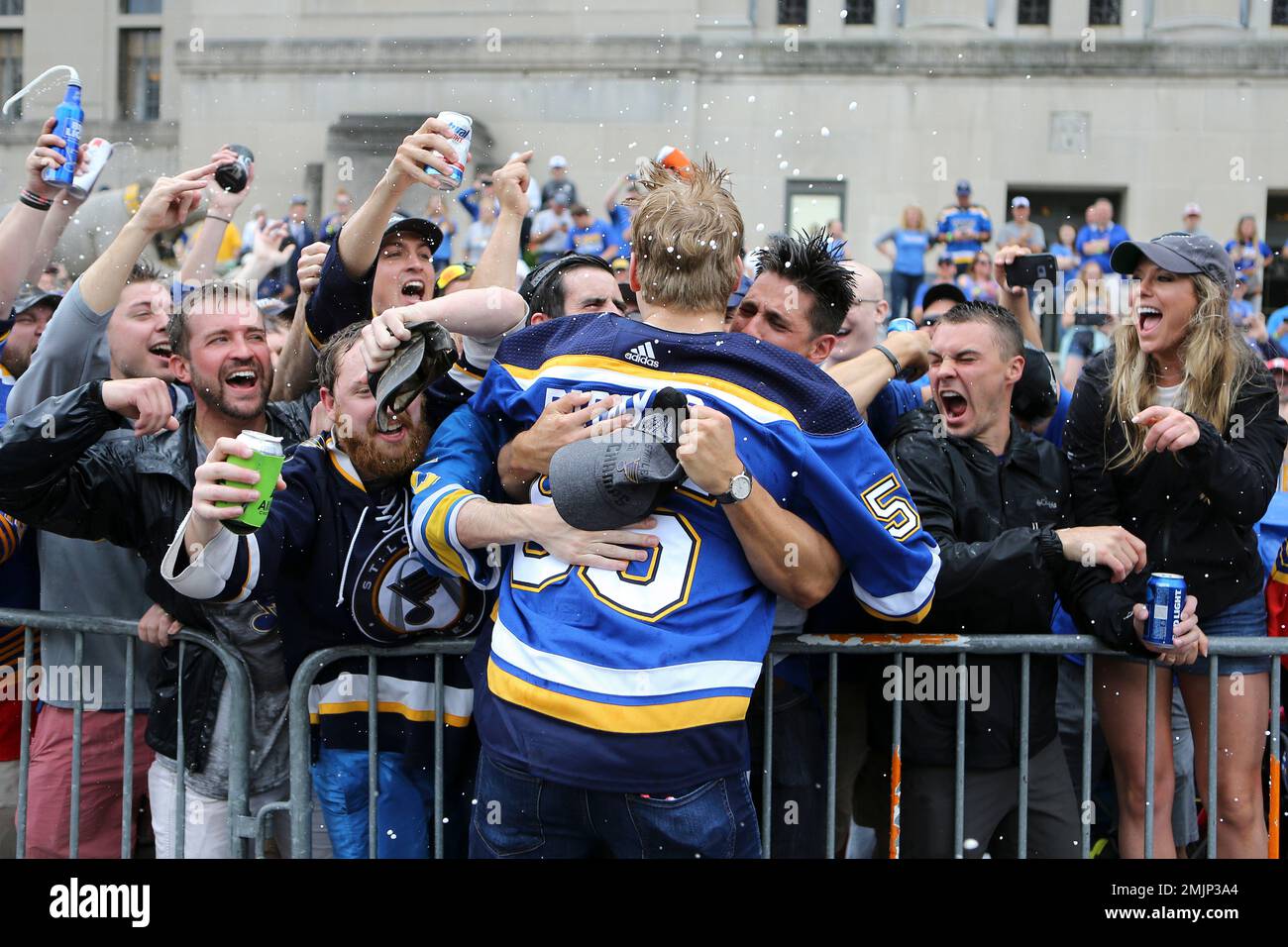 St. Louis Blues' Colton Parayko celebrates with fans during the NHL ...
