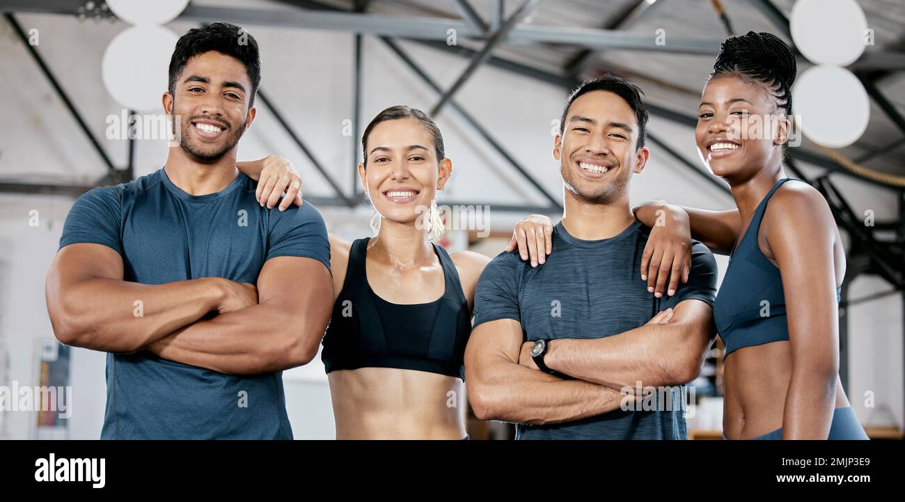 Fitness smile and portrait of friends in gym for teamwork, support and ...