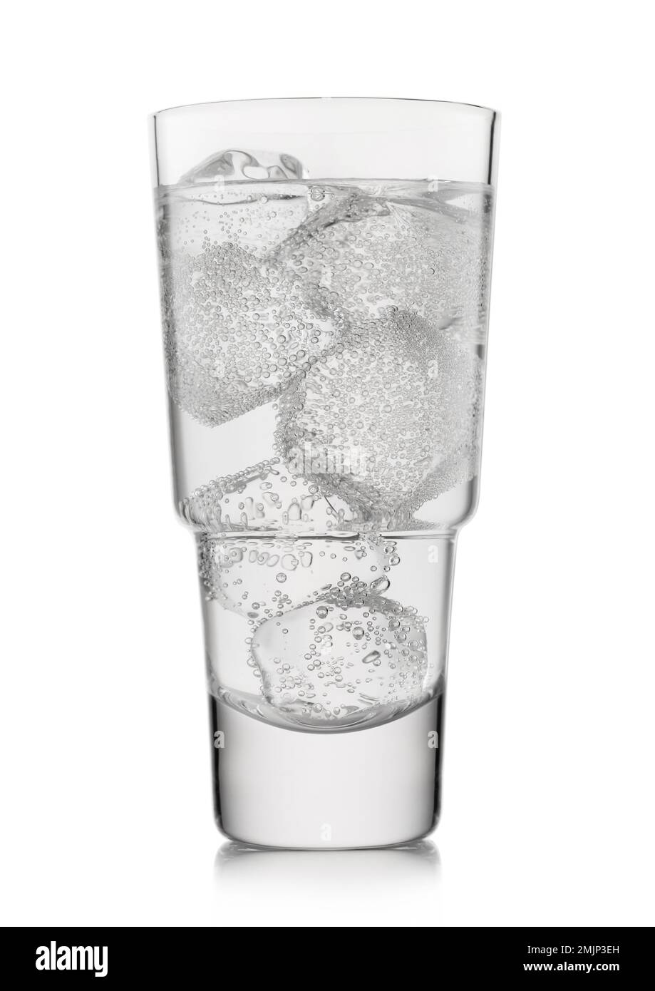 Luxury Glass of lemonade soft drink with ice cubes and bubbles on white. Saprkling mineral water ...